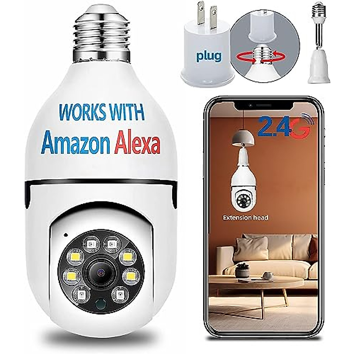 QAMY Optapower Light Bulb Security Camera,With Extension Link, Light Bulb Camera, 2.4g Wifi 360° PTZ Screw In Camera Light Socket Outdoor Works With Alexa & Google Assistant,Light Bulb Camera Outdoor