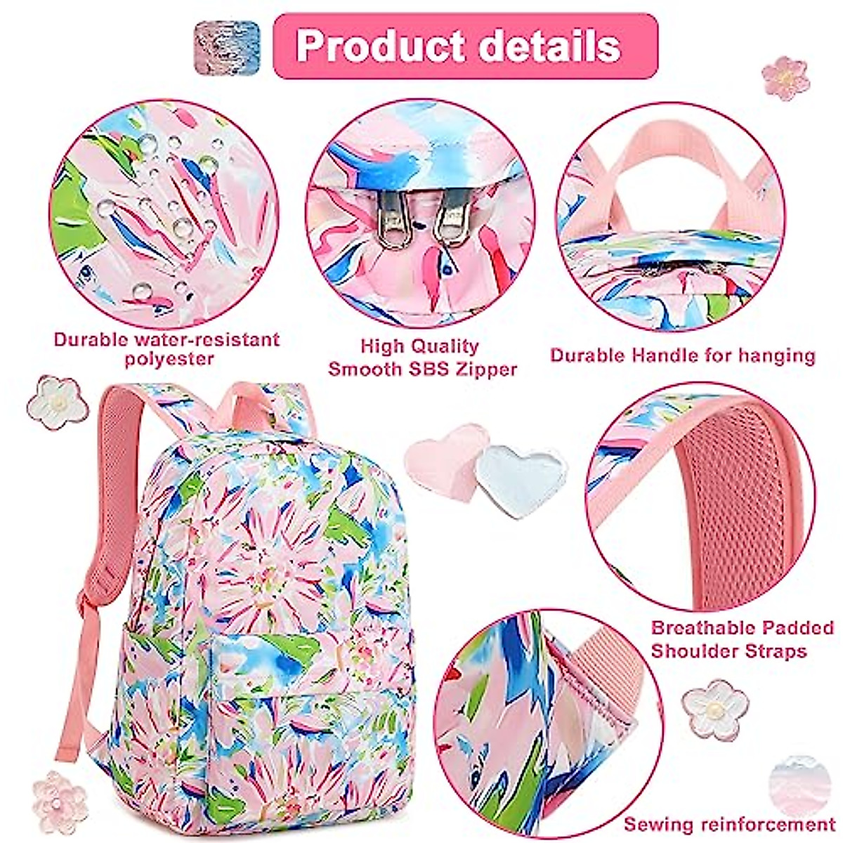 BTOOP Girls School Backpack Set Floral Schoolbag Laptop Bookbag Insulated Lunch Tote Bag Purse Teens Kids