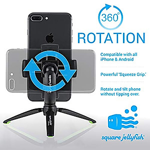 Square Jellyfish Jelly Grip WX Cell Phone Tripod Mount with Pro Tripod Stand - Smartphone Tripod Compatible with All iPhone and Android Smartphones - Small Tripod, Handheld for Video, Desk, or Travel
