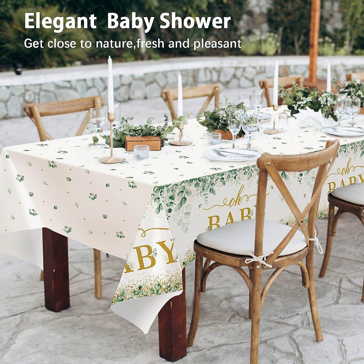 Heboland 3 Pack Sage Green Neutral Baby Shower Tablecloth Decorations, Oh Baby Large Size 54 x 108 Inch Rectangular Plastic Tablecloth Party Decor