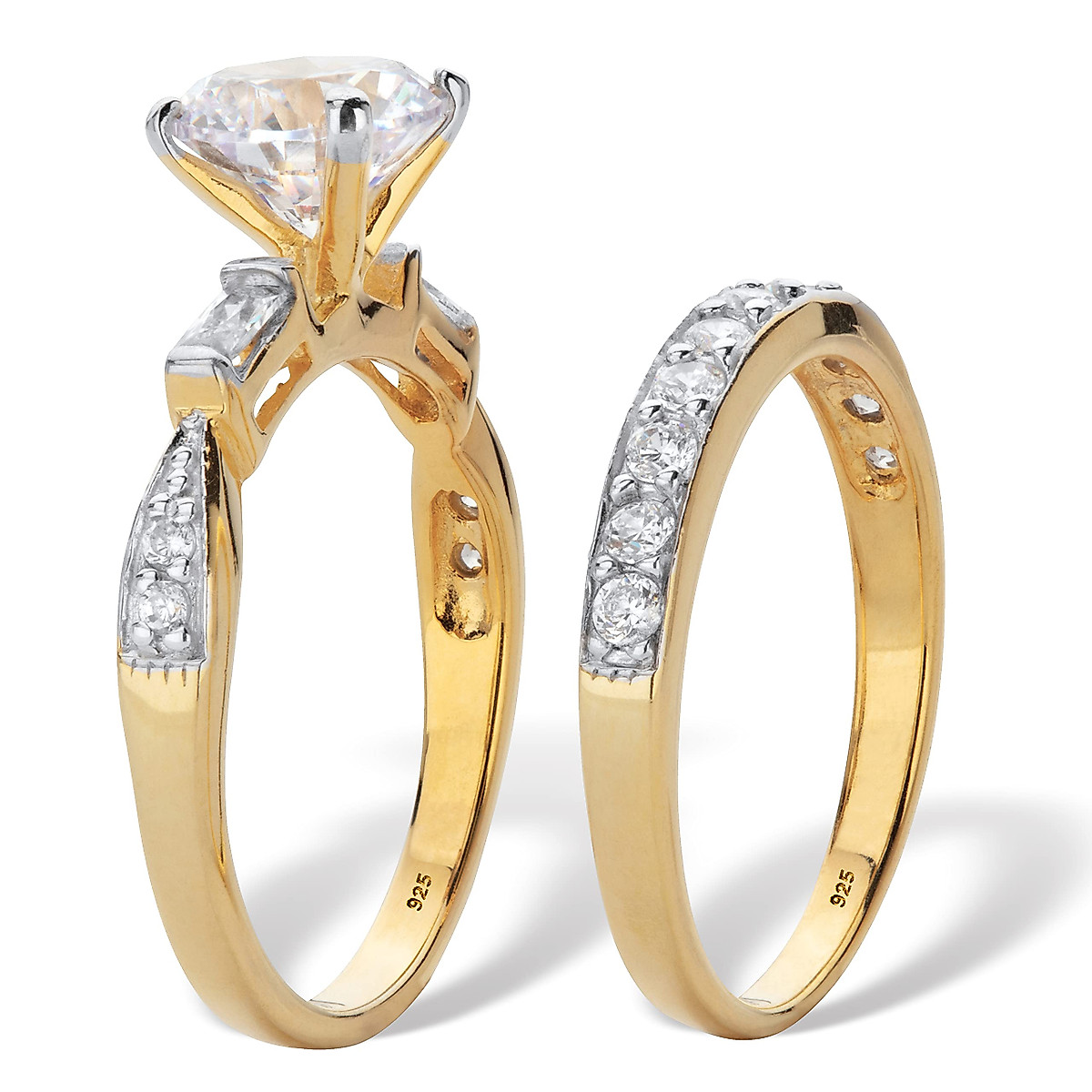 PalmBeach Jewelry Yellow Gold-Plated or Platinum-Plated Sterling Silver Two Tone Round and Baguette Cut CZ 2 Piece Bridal Ring Set Size 6