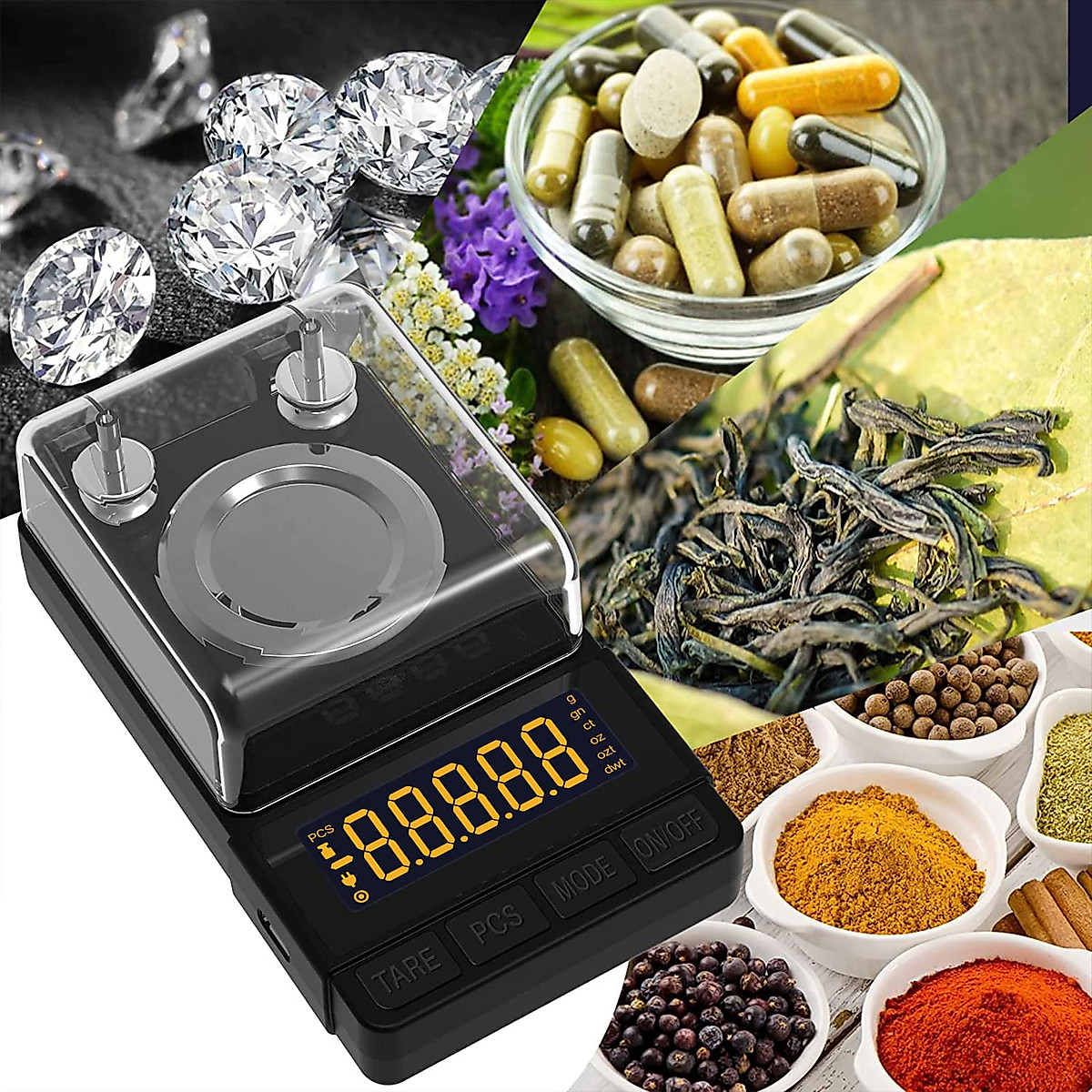 Reloading Scale 50 x 0.001g High Precision Gem Scale Supplement Powder Scale Milligram Includes 20g Calibration Weight, 2 Scoops, 4 Weighing Powder Pans Tweezers Read in Grain Gram Carat DWT oz ozt