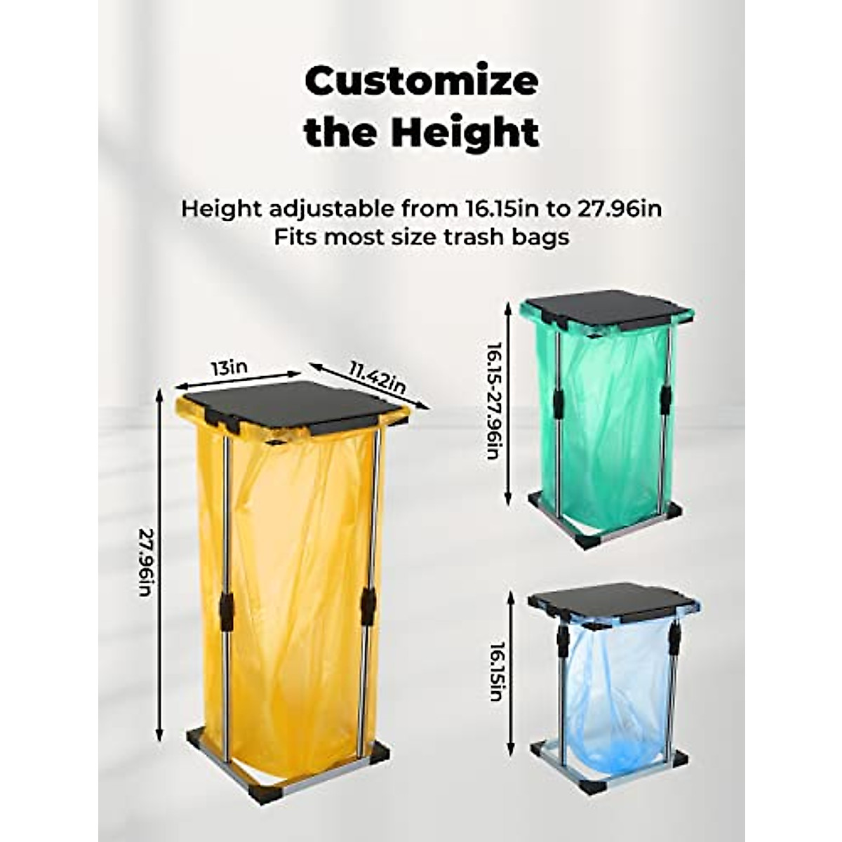 yamagahome Metal Trash Bag Holder, 16-28 Inch Height Adjustable Garbage Bag Holder with Lid, Clamp Ring and Corner Protection, Collapsible Outdoor Waste Bins, Trash Bag Stand for RV and Camping, Black