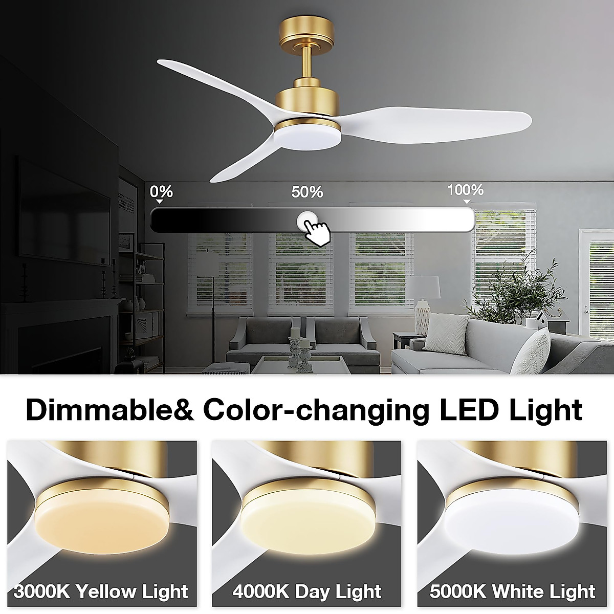 Hoenofly 48 Inch Smart Ceiling Fans with Lights and Remote Control,Dimmable LED Light,Outdoor Indoor Gold White Ceiling Fan,Quiet DC Motor,WIFI Alexa App Workable,for Modern Bedroom Living Room Patio