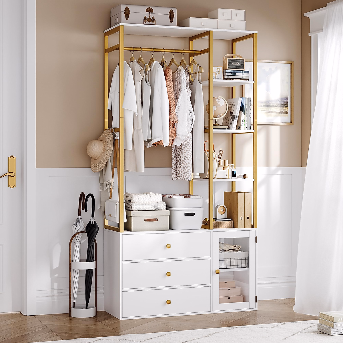 BOTLOG 81.3” H Heavy Duty Clothes Rack with Cabinet, Drawer, and Shelf, Garment Rack Clothes Rack with Metal Frame and Wooden Shelves for Bedroom, Dressing Room, Walk-in Closet