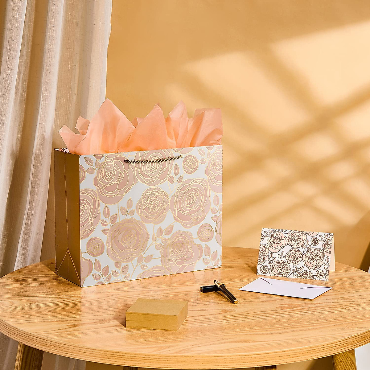 SUNCOLOR 13" Rose Gold Large Gift Bag with Card and Tissue Paper