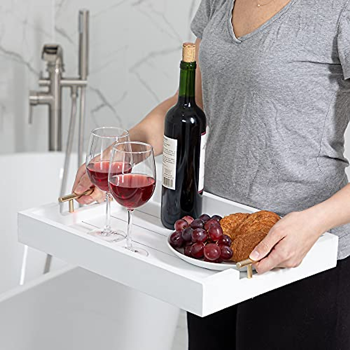 White Serving Tray with Gold Handles by Cozy Décor - Premium Decorative Trays - Coffee Table Trays for Living Room - Large Ottoman Tray -Tv Trays for Breakfast in Bed -17-Inch Wooden Tray for Ottoman