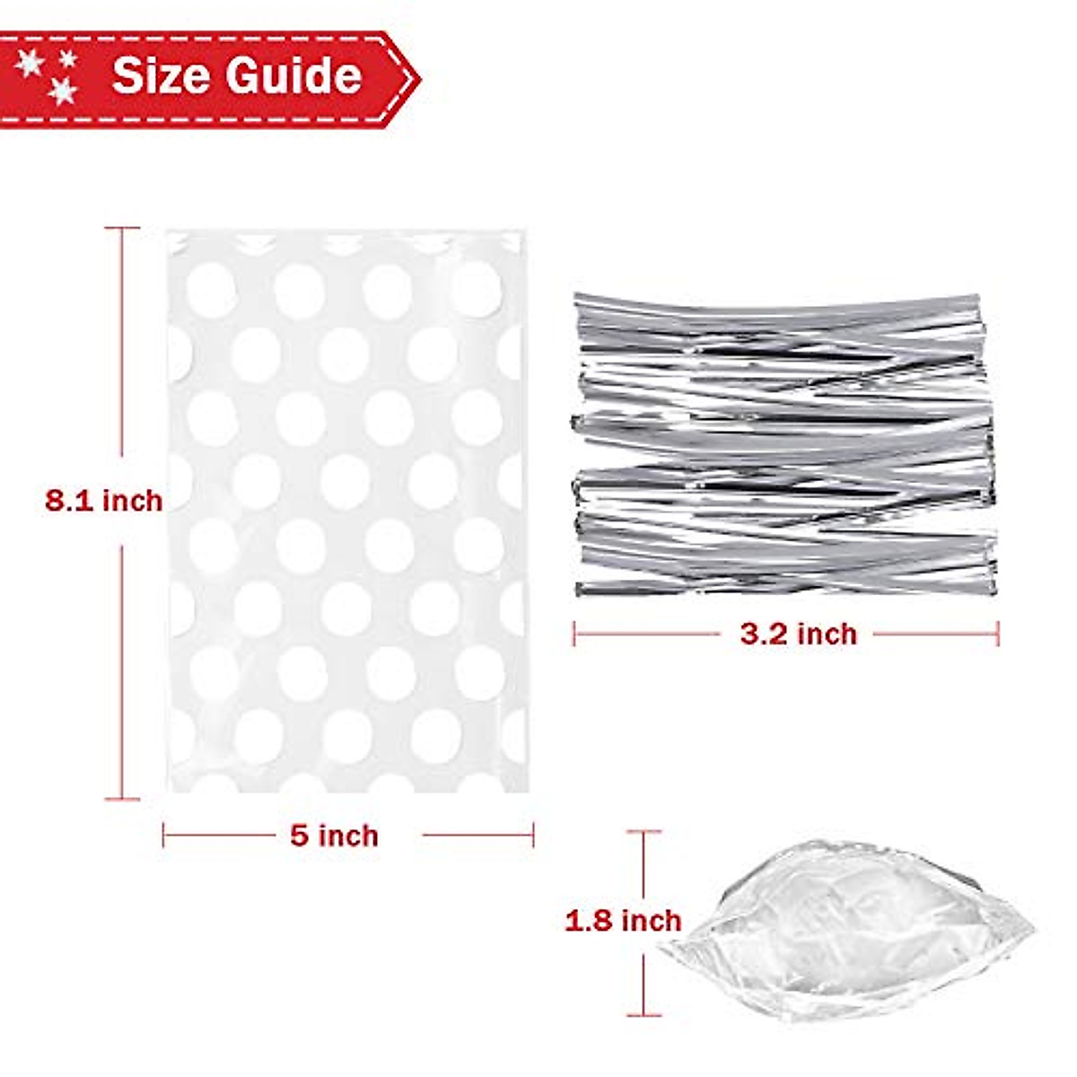 200 Pack White Candy Bags with twist ties, 8.1 x 5 x 1.8 inch Clear Plastic Treat Bags for Cookie Candy Wrapping Wedding Party Favor (8.1X5, White)