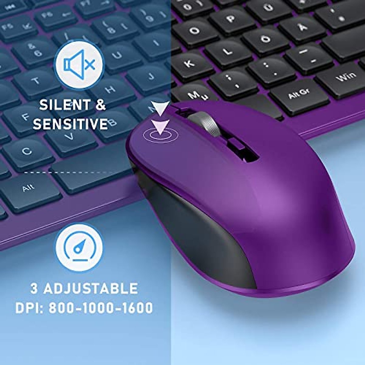 Wireless Keyboard and Mouse Combo, VIVEFOX 2.4GHz Cordless Quiet USB Keyboard Mouse, Full Size Ergonomic Keyboard Mouse with 14 Multimedia Hotkeys for Windows Laptop Computer Desktop, Purple