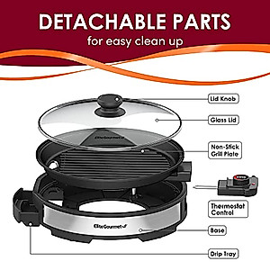 Elite Gourmet EMG6505G# Smokeless Indoor Electric BBQ Grill w/ Glass Lid, Dishwasher Safe, PFOA-Free Nonstick, Adjustable Temp, Fast Heat Up, Low-Fat Meals Easy to Clean, 12 Inch, Stainless