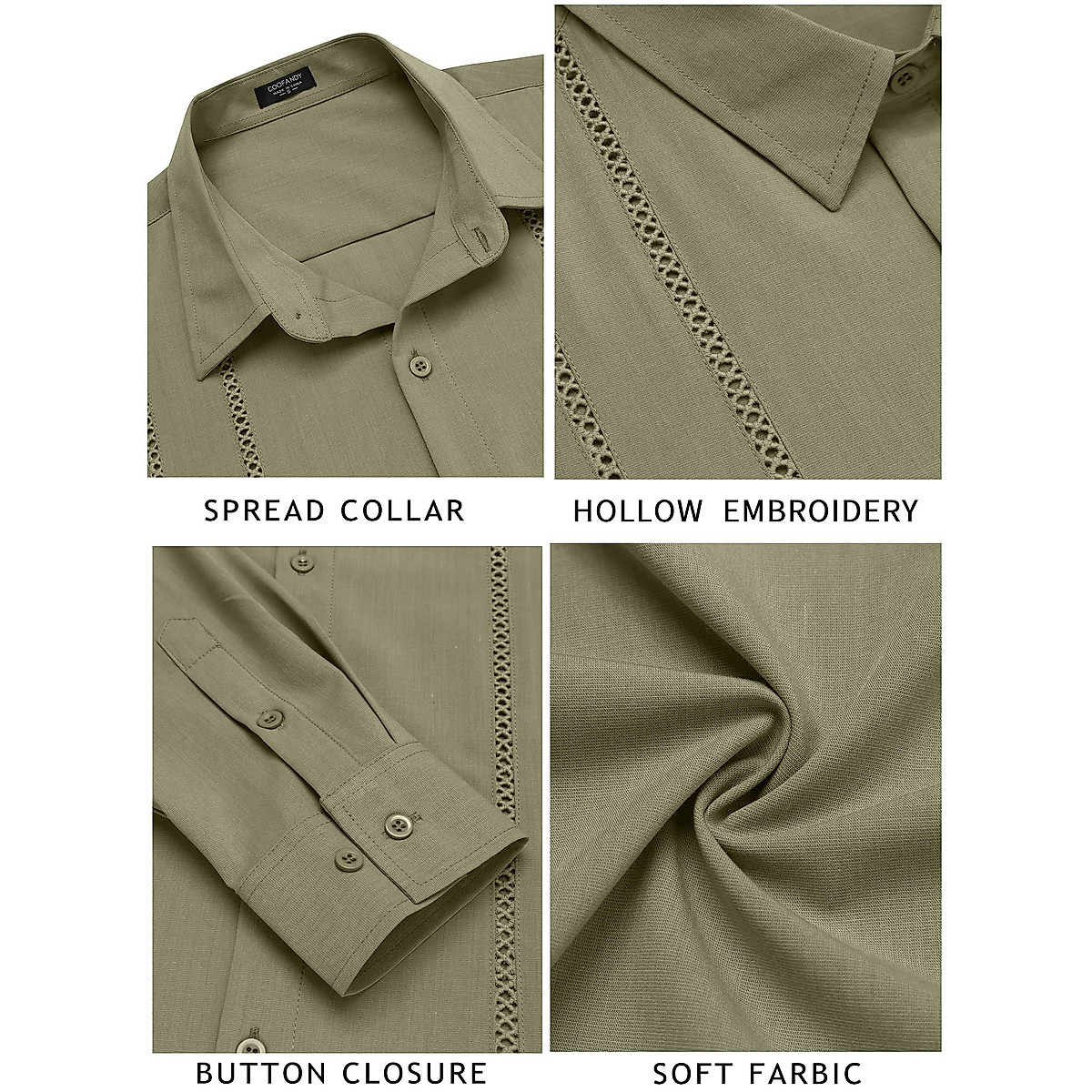 COOFANDY Mens Long Sleeve Cuban Guayabera Shirt Casual Summer Beach Button Down Shirts Green