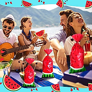 100 Pieces Watermelon Treat Bags Cellophane Bags Watermelon Party Bags Plastic Candy Bag with 200 Pieces Red Twist Ties for Watermelon Birthday Party Baby Shower Supplies (Red)