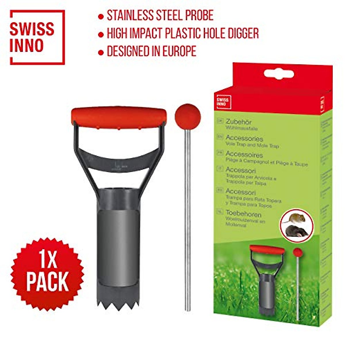 SWISSINNO Install Kit for Mole and Gopher Traps SuperCat. 25 cm Tunnel-locating Probe + Serrated-edge Cutter for 6 cm dia. hole. European Design, Easy to Use, Safe and Reusable. 2-piece Set x 1