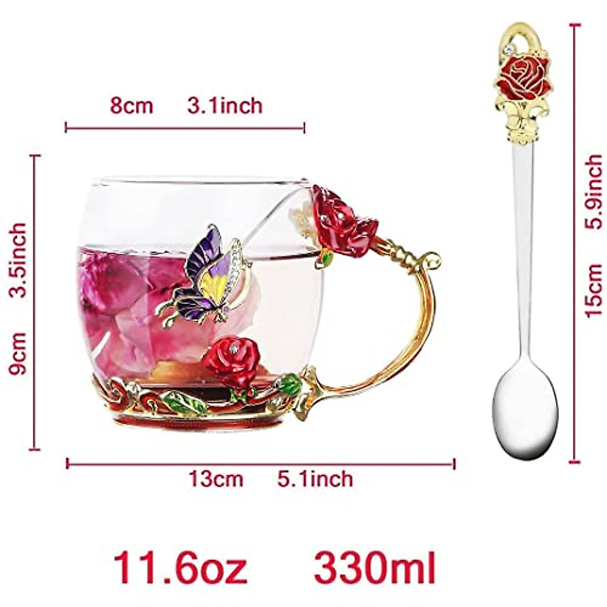 VANUODA Enamels Butterfly Flower Tea Cup, Glass Coffee Mugs with Spoon, Valentines Mothers Day Graduation Christmas Gifts for Women Wife Mom Her Grandma Girls Teacher Friends, Birthday Present Idea