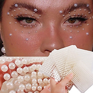White Pearl Eyes Face 3D Self Adhesive Nail Rhinestones Temporary Tattoo Gems Dots Jewelry DIY Body Art Accessories Festival Decorations 4 Sheets