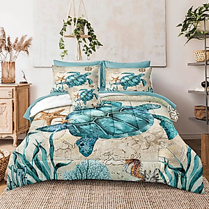 Merryword 8 Pieces Blue Green Comforter Set Queen Size Ocean Life Bed in a Bag Turtle Beach Bedding Set Hawaii Style Summer Lightweight Bedding Comforter Set
