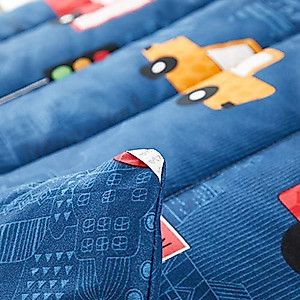 Boys Toddler Bedding Set Navy with Colorful Cars Includes 1 Boys Comforter, Flat Sheet, Fitted Sheet and Pillowcase