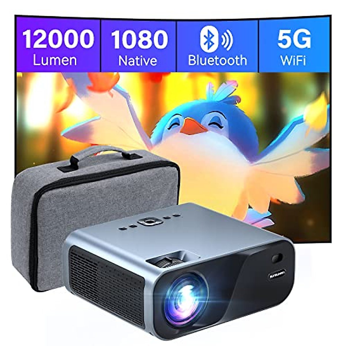 SUREWHEEL Projector, 1080P Native Projector with WiFi and Bluetooth, 12000 Lumens Bluetooth Projector 220" Display, Outdoor Movie Projector Compatible with TV Stick/HDMI/iOS/Android
