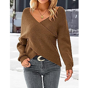 KIRUNDO 2023 Fall Winter Women's Long Sleeve Cross Wrap V Neck Knit Sweater Off Shoulder Backless Casual Pullover Tops(Camel, Small)