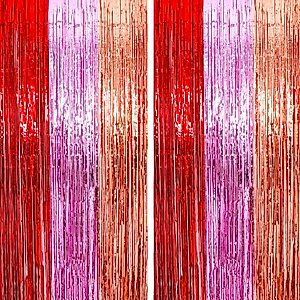 3 Packs 3.3ft x 8.2ft Valentines Day Red Pink and Rose Gold Tinsel Foil Fringe Curtains for Valentines Day Party Decorations Valentine's Day DIY Party Tinsel Photo Background Decorations