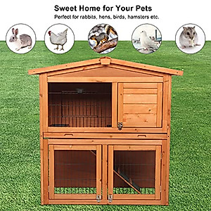 40 Inch Wood Rabbit Hutch 2-Story Rabbit Cage Bunny Hutch Indoor Outdoor Guinea Pig Cage, Small Animal Enclosure with Run Area, Removable No Leaking Tray, Asphalt Roof, Lockable Doors and Ramp
