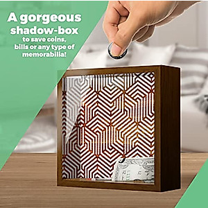 Piggy Banks for Adults, Brown Money Box for Cash Saving, Honeymoon, College, Wedding, Date Night, Vacation Fund Box, Home Decor Memory Shadow Box, 6x6x2 Inches