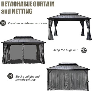 Domi 10’ X 14’ Hardtop Gazebo Canopy with Netting & Curtains, Outdoor Aluminum Gazebo with Galvanized Steel Double Roof for Patio Lawn and Garden, Gray