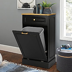 Anbuy Tilt Out Trash Cabinet Can Bin Kitchen Wooden Trash Can Free Standing Holder Recycling Cabinet with Hideaway Drawer Wooden Trash Holder (Black)