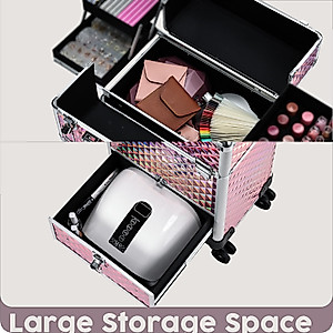 Rolling Makeup Case with Drawer Cosmetology Case on Wheels Makeup Trolley Sliding Drawer Makeup Travel Case for Esthetician, Mobile Stylist, Manicurist Barber Case Traveling Cart Trunk Glitter Pink
