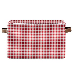 Kigai Red White Buffalo Plaid Storage Basket with Handles Collapsible Storage Bins Canvas Fabric Storage Organizer for Shelves Closet Bedroom Living Room 1Pack