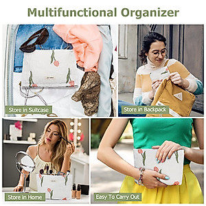 Sightor Aesthetic Makeup Bag, Large Capacity Cosmetic Bag Canvas Floral Makeup Bag, Travel Pouch Make Up Purse Toiletry Storge Bag for Women (White Tulip)