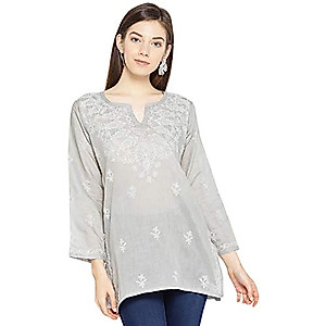 Ada Hand Embroidered Indian Chikankari Straight Cotton Tunic Top Kurti Shirt for Women A534584 (Grey, Medium)