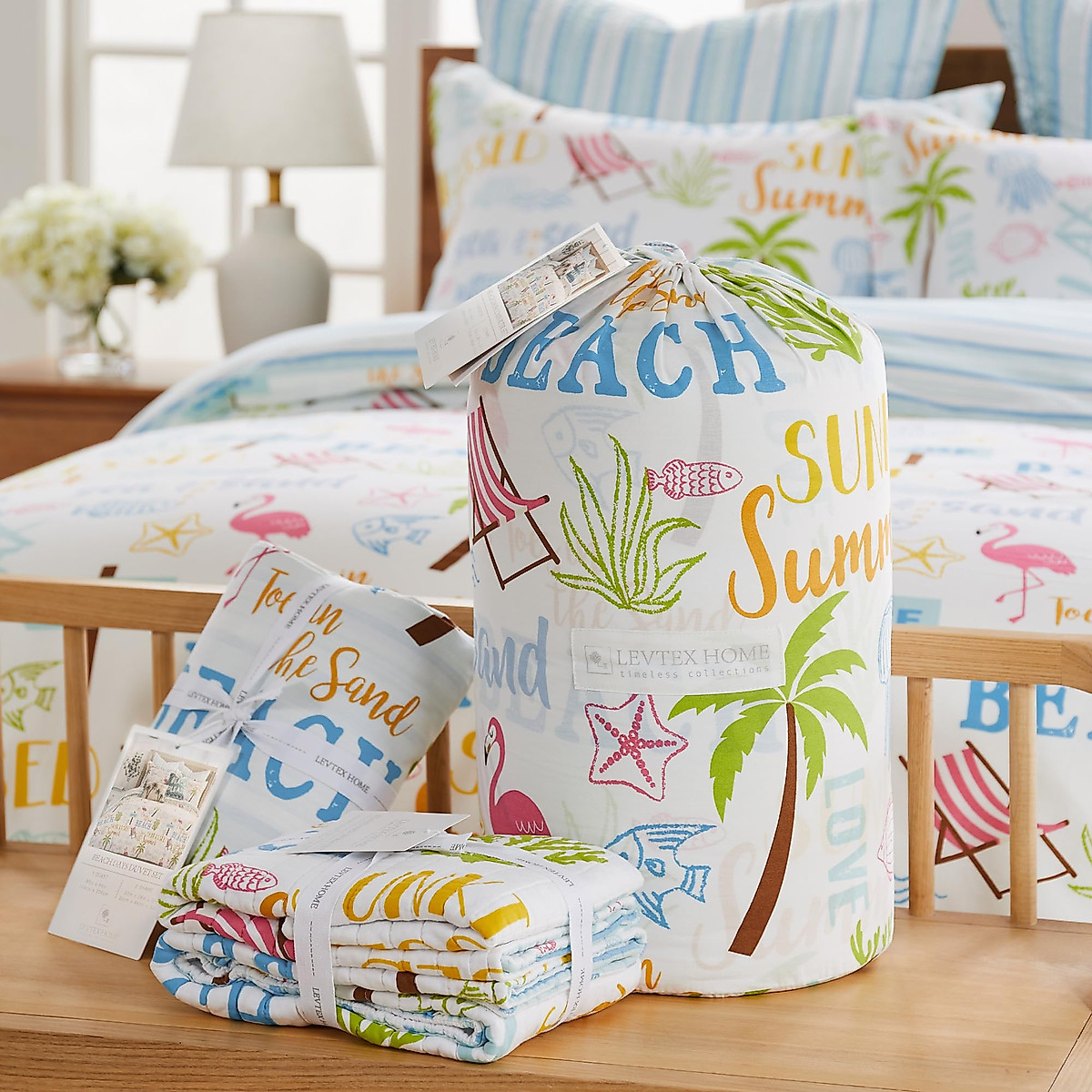 Levtex Home - Beach Days Duvet Cover Set - Full/Queen Duvet Cover (90 x 94in.) + Two Standard Pillow Cases (26 x 20in.) - Coastal Beach - Teal Blue Yellow Green Brown Pink - Cotton