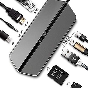 XUNMAIFHB Portable Docking Station,9-in-1 Multi-Function Type-C Docking Station HUB USB-c HDMI Female, USB3.0, Gigabit Network Card, SD Card, TF Card, 3.5MM Audio Interface Fast Transmission