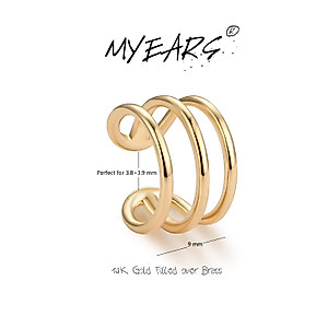 MYEARS Women Ear Cuff Earring Gold Non Pierced Ear Cartilage 3 Split Stripe Band Clip on Wrap Hoop 14K Gold Filled Tiny Boho Simple Minimalist Delicate Handmade Hypoallergenic Geometric Jewelry Gift