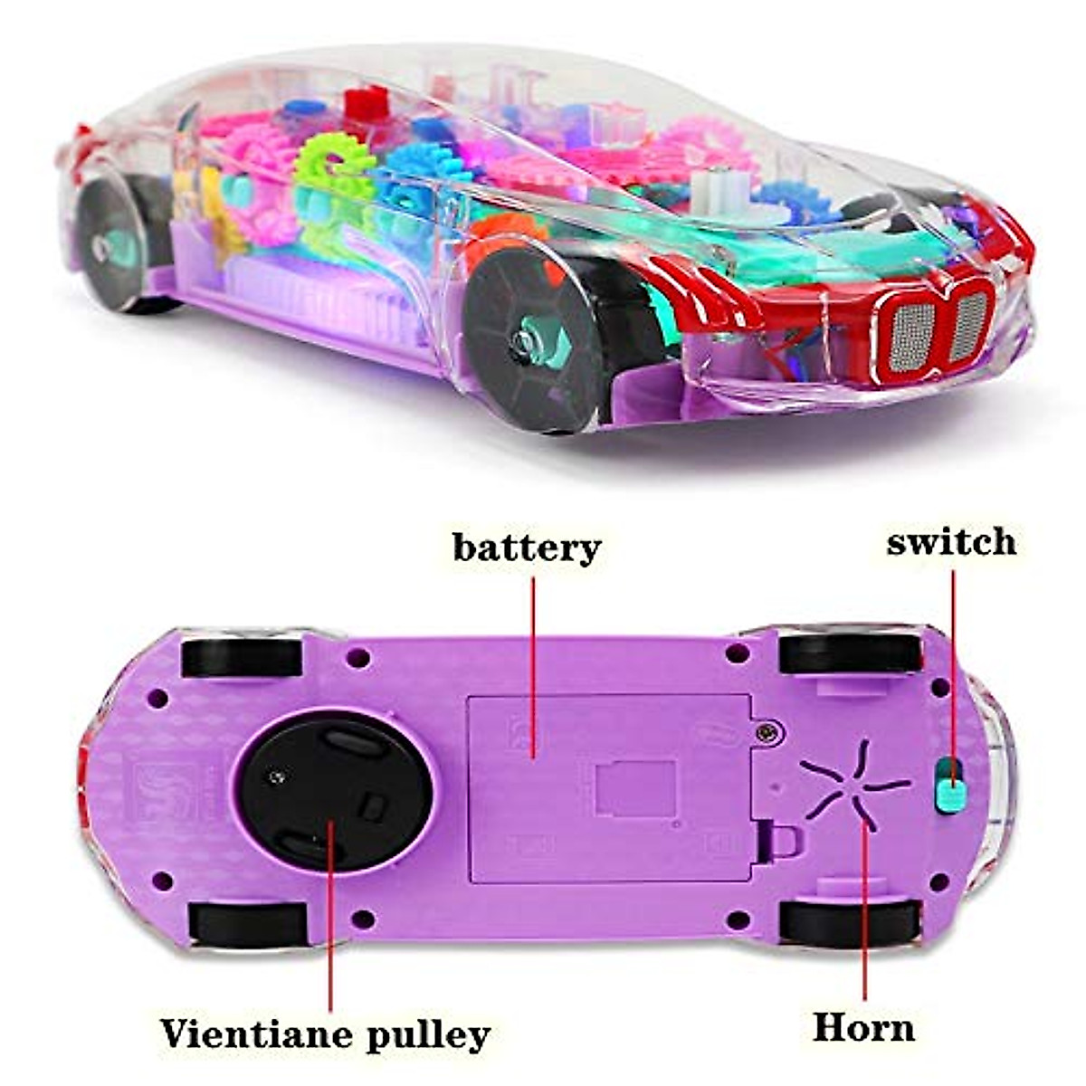 New Concept Transparent Mechanical Gear Toy Musical Car,Early Educational Learning Race Cars,Baby Car Toy with Automatic Steering,Universal Driving Color Lights Flashing Electric Toddler Car