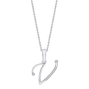 Elmas 925 Sterling Silver Round White Diamond Letter V Alphabet Initial Pendant for Women with 18+2 Inch Cable Chain