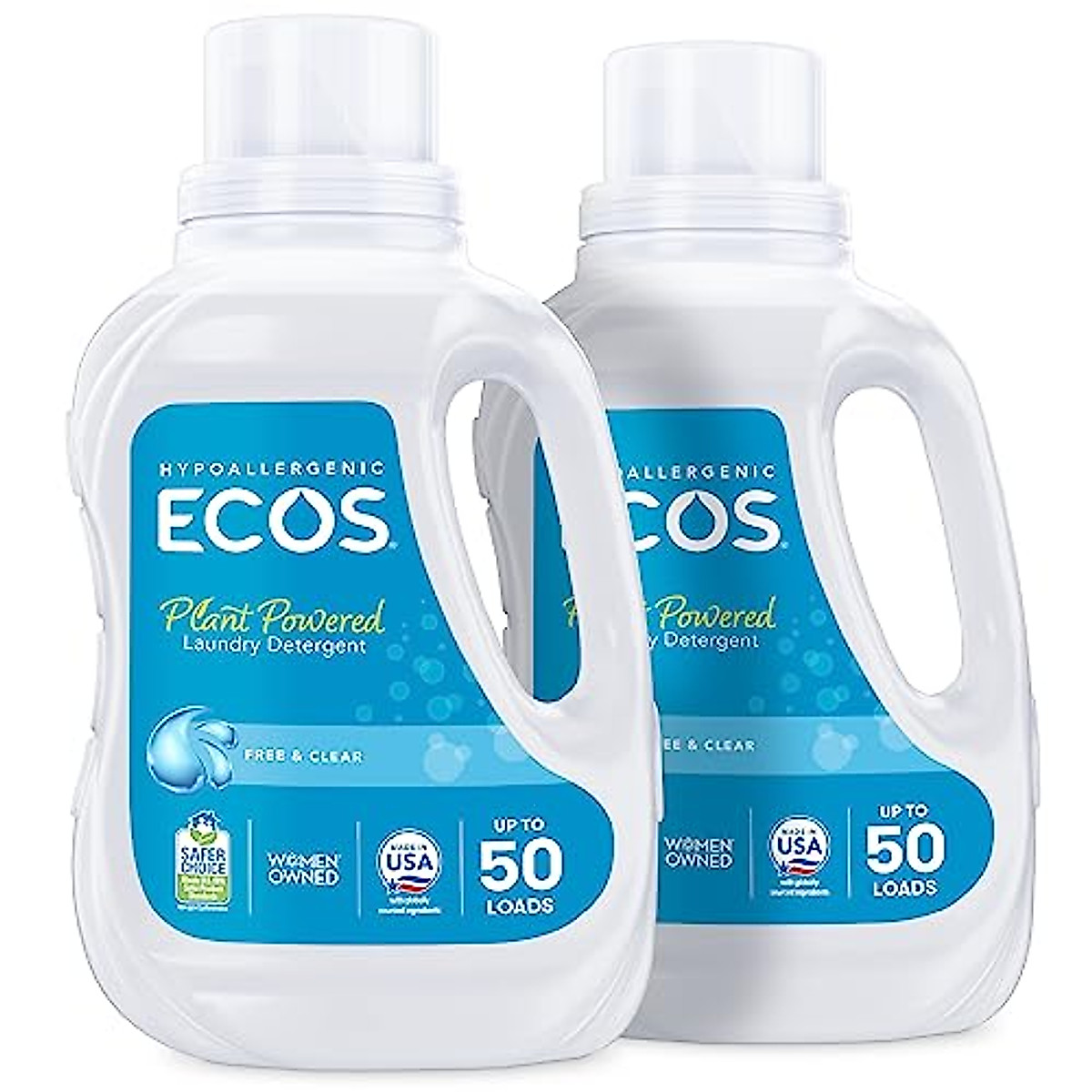 ECOS Laundry Detergent Liquid, 100 Loads - Dermatologist Tested Laundry Soap - Hypoallergenic, EPA Safer Choice Certified, Plant-Powered - Free & Clear, 50 Fl Oz (Pack of 2)