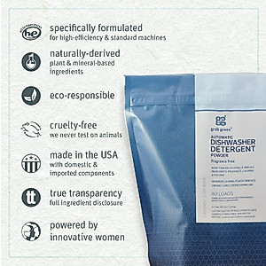 Grab Green Automatic Dishwashing Detergent Powder 3.17 lbs, 80 Loads, Fragrance Free, Plant and Mineral Based, Superior Cleaning, Powerful Grease Removal, Brilliant Shine