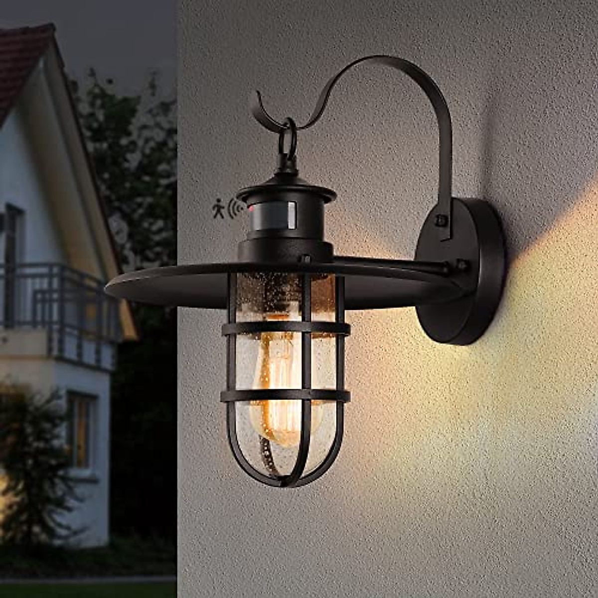 YLHogar Motion Sensor Dusk to Dawn Outdoor Wall Light Fixture Retro Black Wall Sconce,Waterproof Porch Light Wall Mount with Seeded Glass for Entryway Doorway Garden,Exterior E26 Patio Wall Lanterns