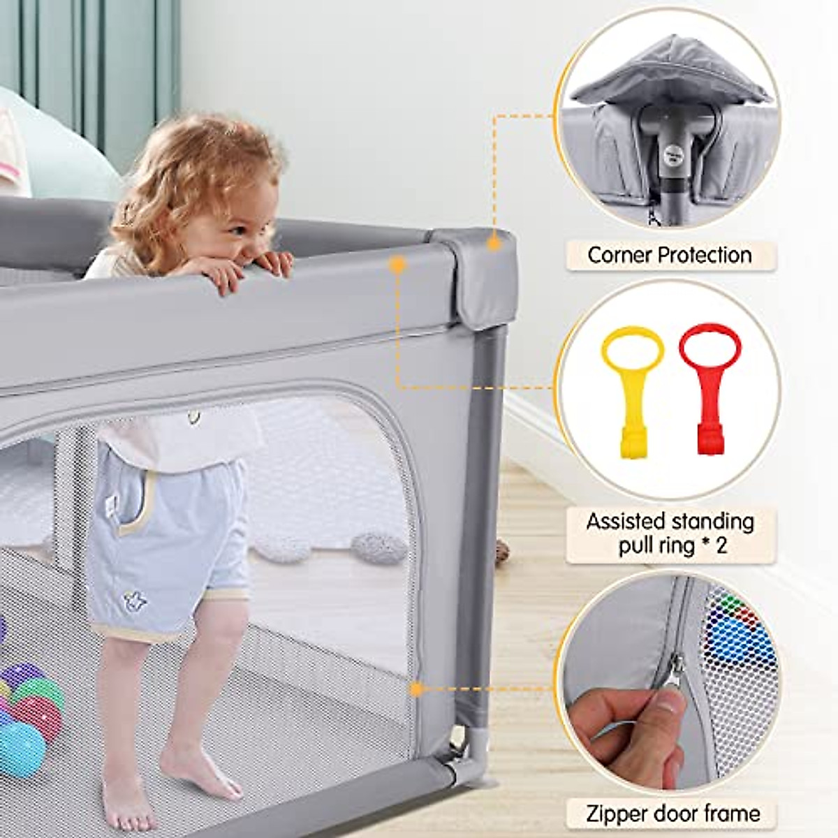 Baby Playpen Extra Large 79'' x 59'' Playpens for Babies and Toddlers, Sailnovo Extra Large Baby Play Pen Play Yard for Baby, Kids Activity Center with Anti-Slip Sucker and Handlers*2(Grey)