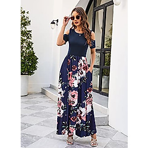 Kancystore Women's Beach Long Dress Floral Print Short Sleeve Casual Flowy Dresses (Navy Blue_XL)