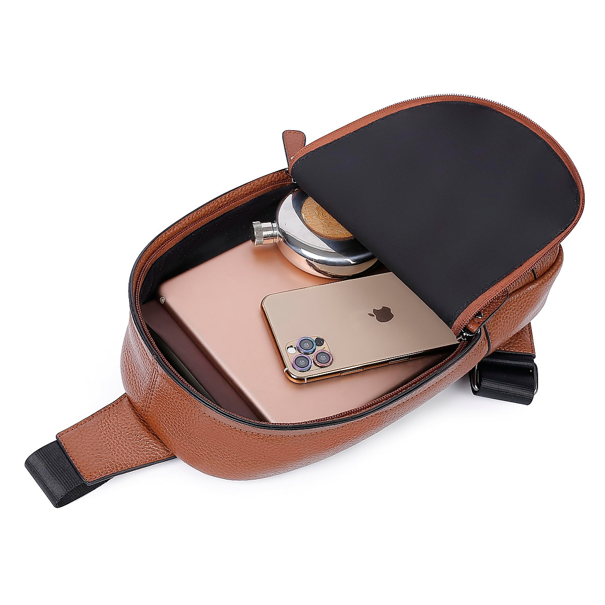 Genuine Leather Shoulder Backpack For Men Women Sling Crossbody Bag For Travel Crossbody Backpack with Charging Port - Black