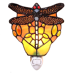 Bieye L11401 Tiffany Style Stained Glass Dragonfly Wall Lamp with Plug-in Night Light Socket for Home Decor