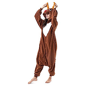 Beauty Shine Adult Unisex Animal Costume Halloween Christmas Cosplay Plush Pajama Onesie (Large, Coffee Reindeer)