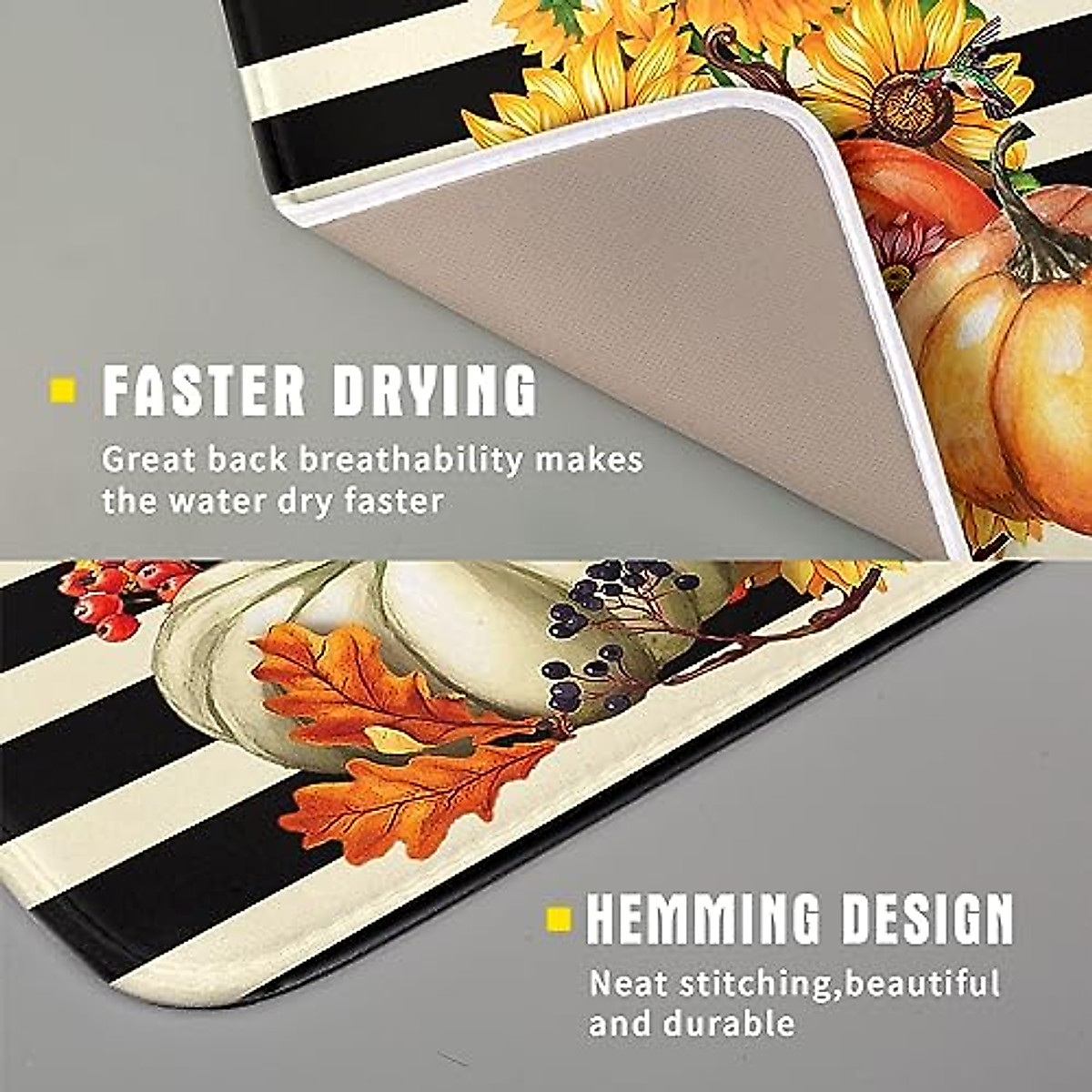 Sunflower Pumpkin Dish Drying Mat for Kitchen Counter,Black and White Stripe Drying Mat 16 x 18 Inch with Absorbent Reversible Microfiber Dish Drying Pad Dish Rack Drainer Mat for Coffee Bar