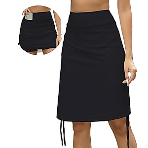 Cakulo Athletic Skorts for Woman Drawstring Knee Length Swim Golf Tennis Skirts Pocket Casual High Waist Skirt Black S