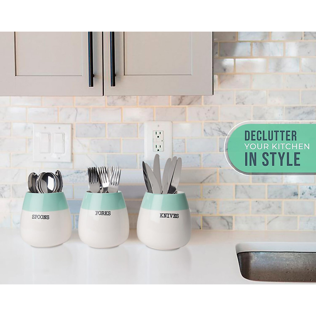 Ceramic "Honeypot" Cutlery Holder - Set of 3 - Farmhouse Silverware Caddy for Kitchen Countretop - Decorative Spoon, Fork & Knife Holder for Parties & More - Rustic Caddy Made of Premium Ceramic