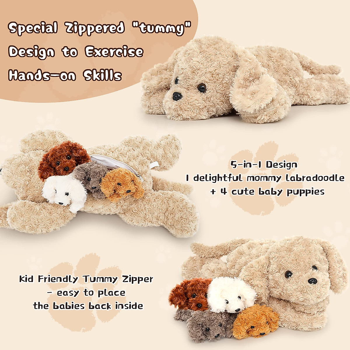 DOLDOA Stuffed Dog Animal for Kids Stuffed Mommy Dog with 4 Baby Puppy in her Tummy Plush Cute Dog Toy for Girls and Boys