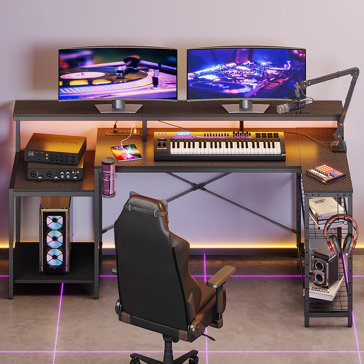 Bestier Gaming Desk with Power Outlet, 71.5 inch LED Computer Desk with Monitor Stand, L Shaped Large Desk with Metal Shelf, Cup Holder & Headset Hooks, Corner Desk for Bedroom 3D Carbon Fiber